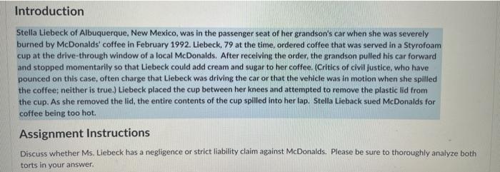 Solved Stella Liebeck of Albuquerque, New Mexico, was in the | Chegg.com