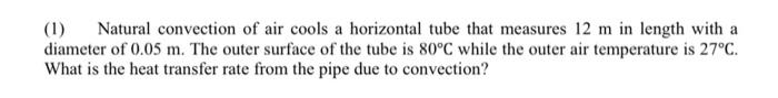 Solved (1) Natural convection of air cools a horizontal tube | Chegg.com