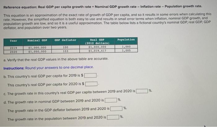 Solved Reference equation: Real GDP per capita growth rate = | Chegg.com