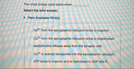 Solved The cross bridge cycle starts when Select the besst | Chegg.com