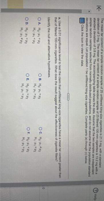 Solved The mean tar content of a simple random sample of 25 | Chegg.com