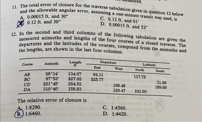Solved 11. The total error of closure for the traverse | Chegg.com