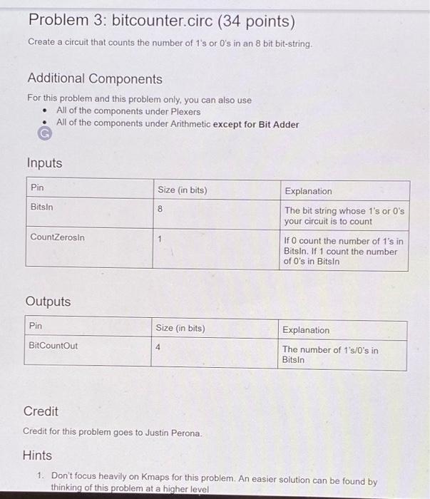 Problem 3: bitcounter.circ (34 points) Create a | Chegg.com