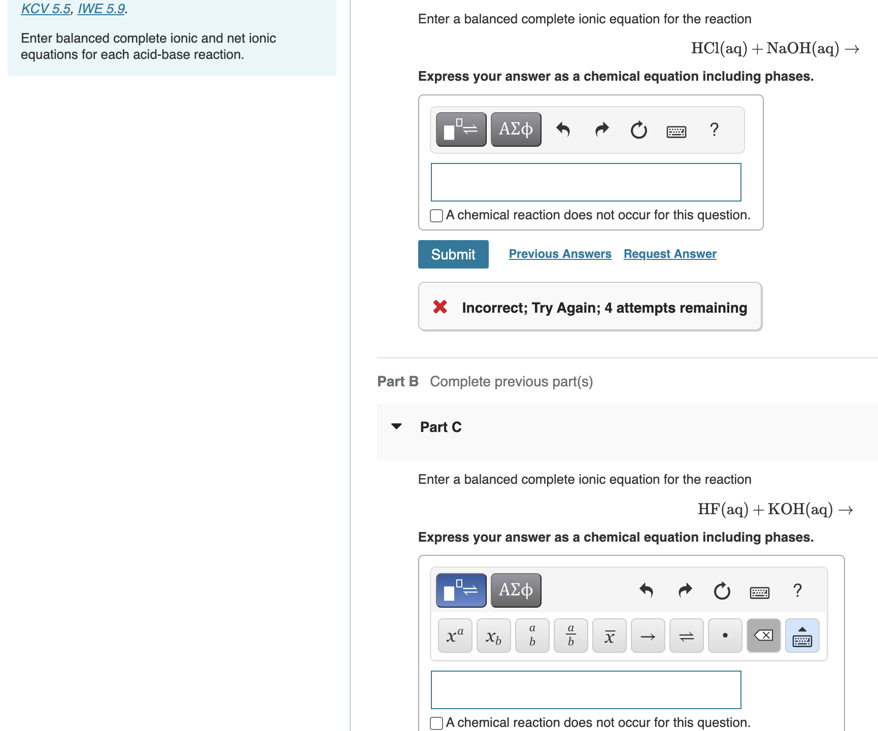 Solved KCV 5.5, ﻿IWE 5.9.Enter balanced complete ionic and | Chegg.com