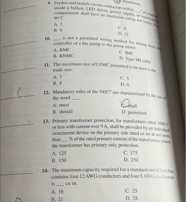 Solved 9. Feeders and branch-circuit conductors within "of | Chegg.com