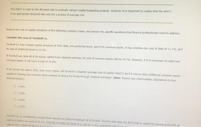 Solved The wacc is used as the discount rate to evaluate | Chegg.com