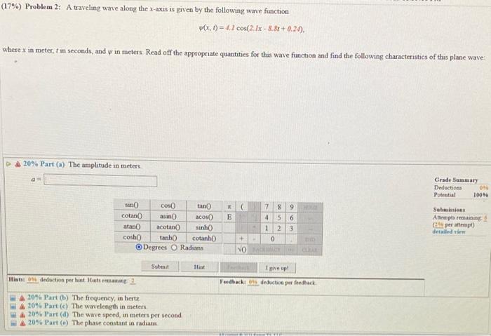 Solved (17\%) Problem 2: A traveling wave along the x-axis | Chegg.com