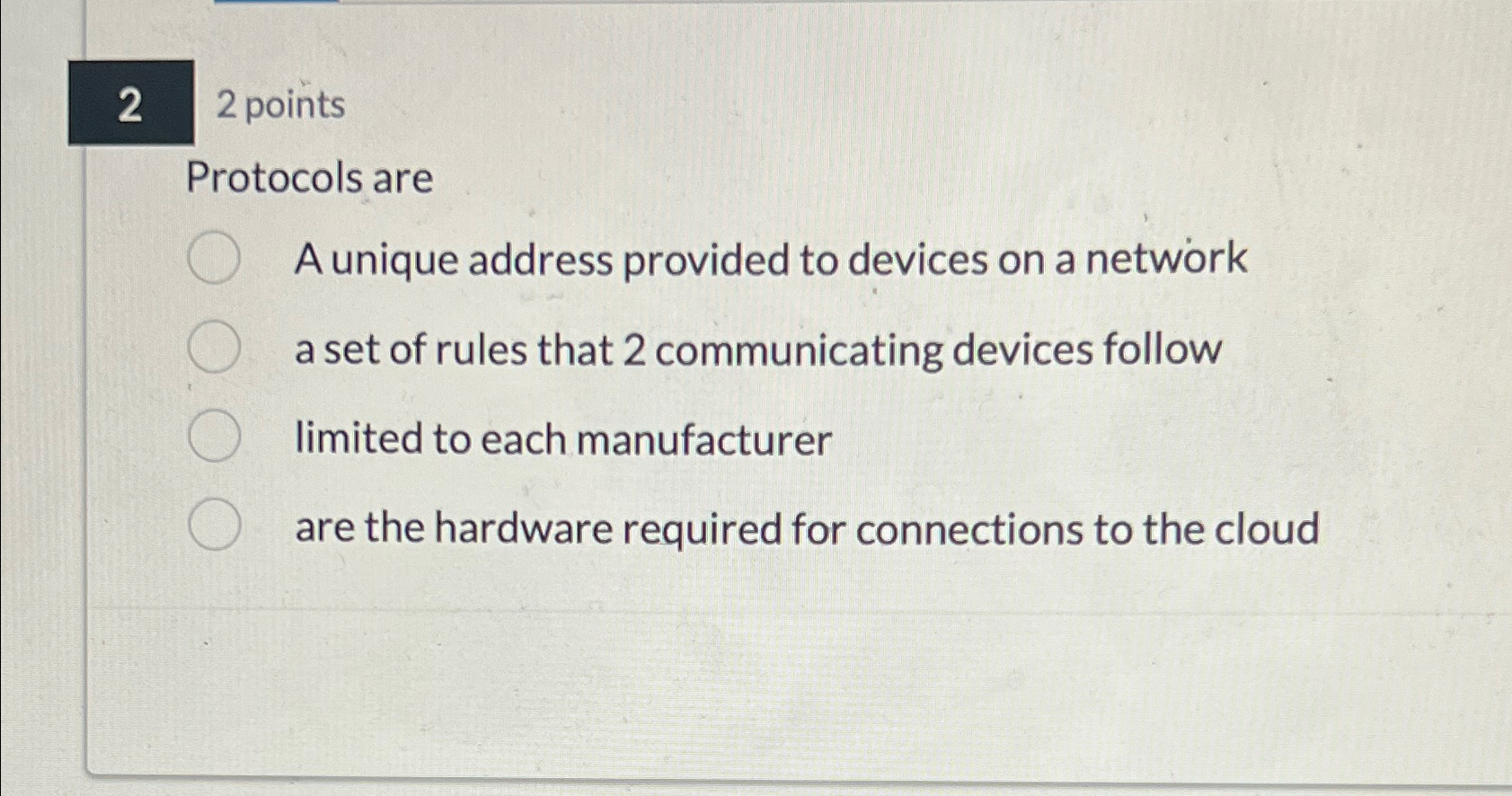 Solved 22 ﻿pointsProtocols areA unique address provided to | Chegg.com
