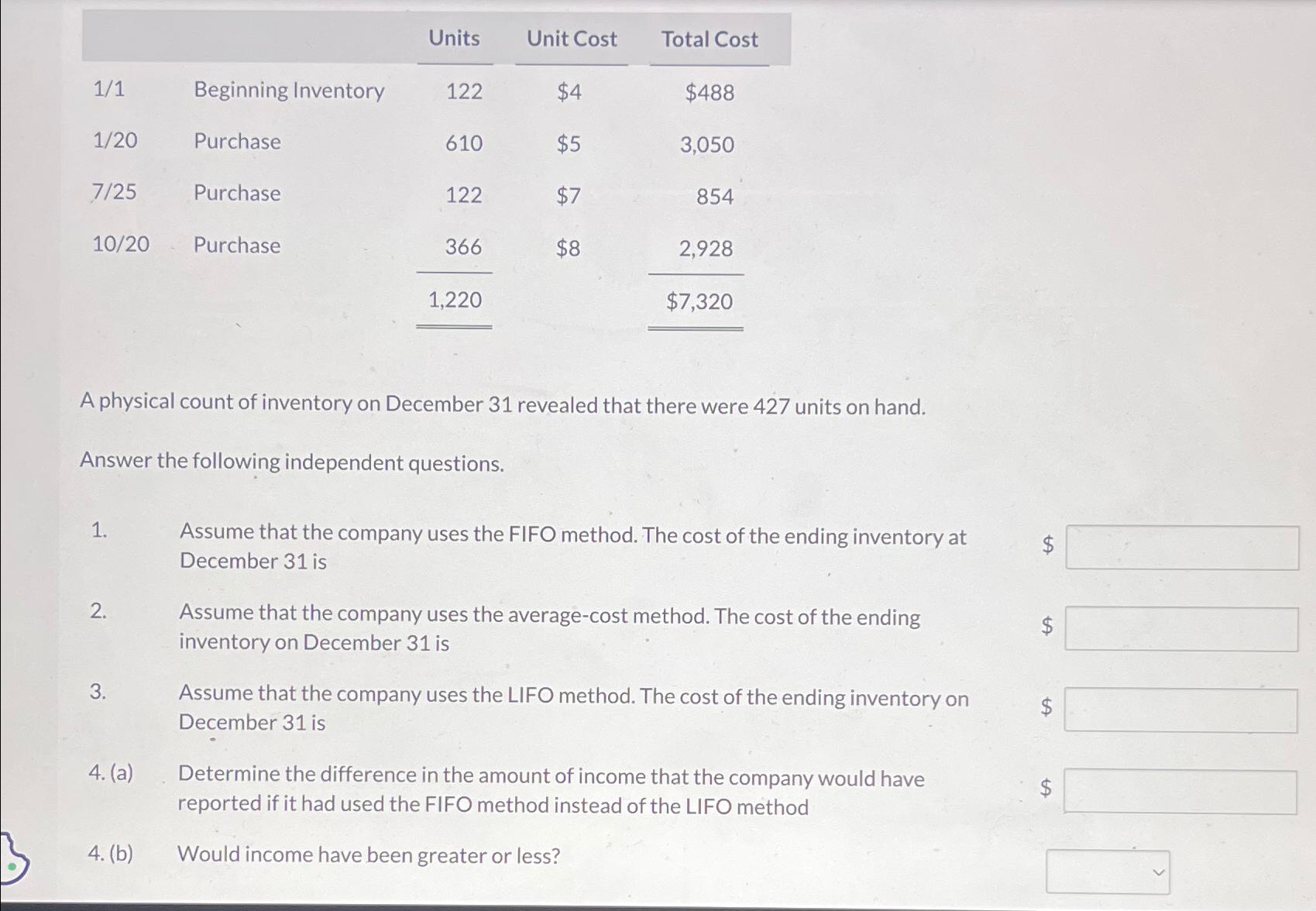 \table[[,,Units,Unit Cost,Total Cost],[11,Beginning | Chegg.com
