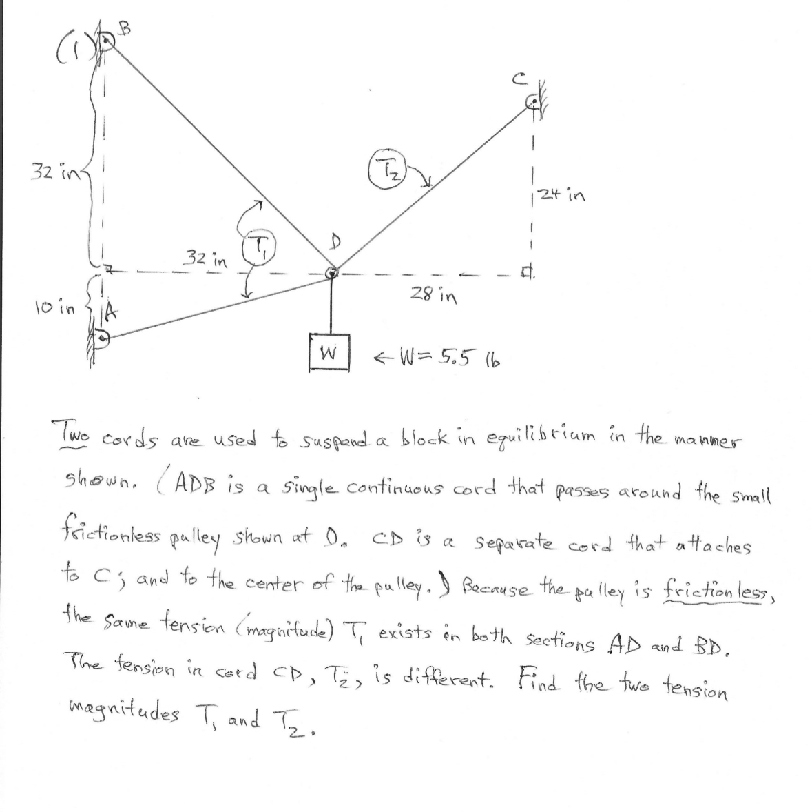 Solved Two cords are used to suspend a block in equilibrium | Chegg.com