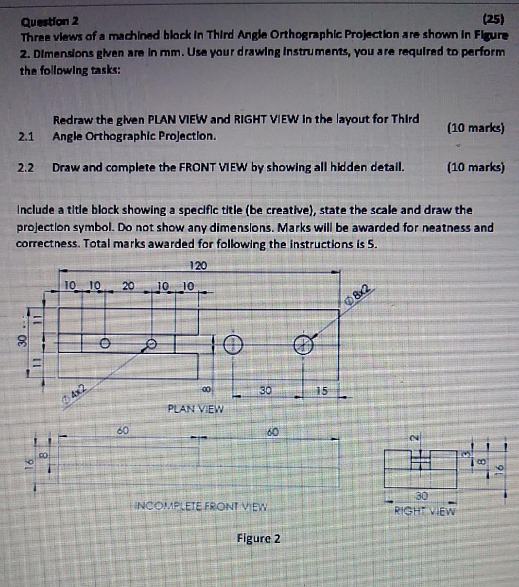 Solved (25) Question 2 Three views of a machined block In | Chegg.com