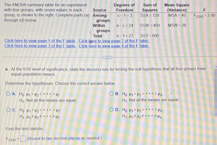 Solved a. At the 0.05 level of significance, state the | Chegg.com