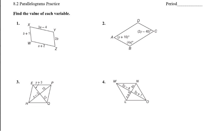 Solved 8.2 Parallelograms Practice Period Find the value of | Chegg.com