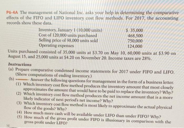 Solved P6.4A The management of National Inc. asks your help | Chegg.com