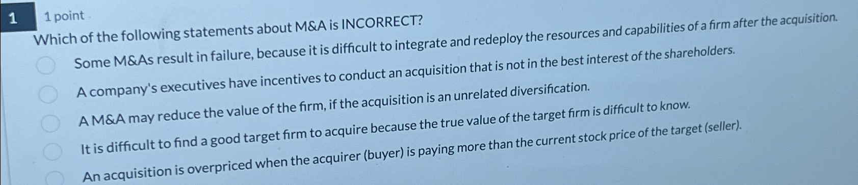 Solved 11 ﻿pointWhich of the following statements about M&A | Chegg.com