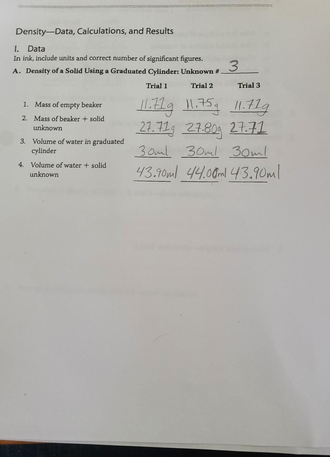 Density-Data, Calculations, and Results 1. Data In | Chegg.com