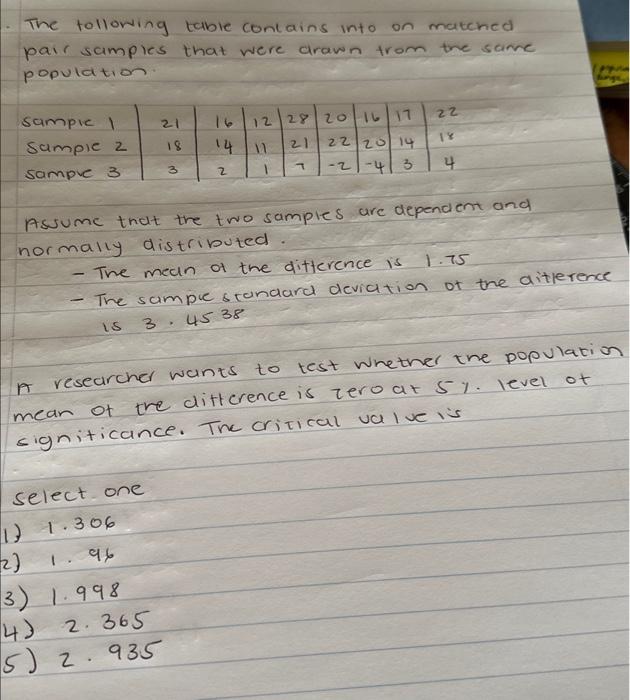 Solved The tollowing table contains into on matched pair | Chegg.com