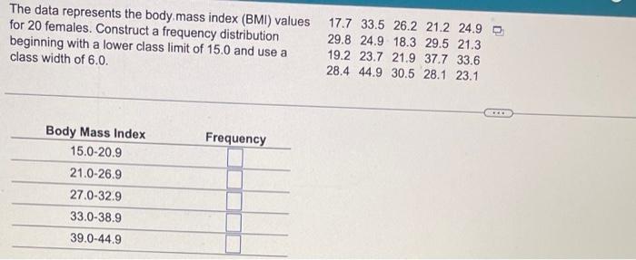 Solved The data represents the body. mass index (BMI) values | Chegg.com