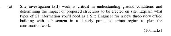 Solved Site investigation (S.I) work is critical in | Chegg.com