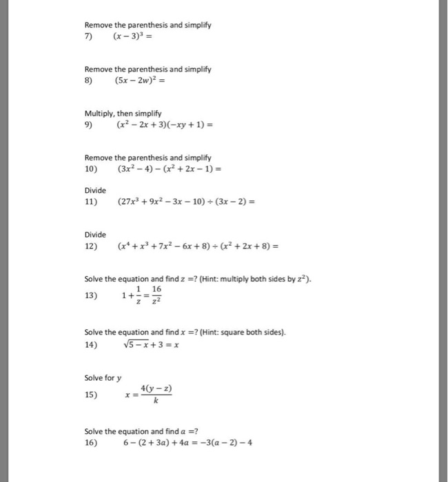 Solved Remove the parenthesis and simplify 7) (x-3) = Remove | Chegg.com