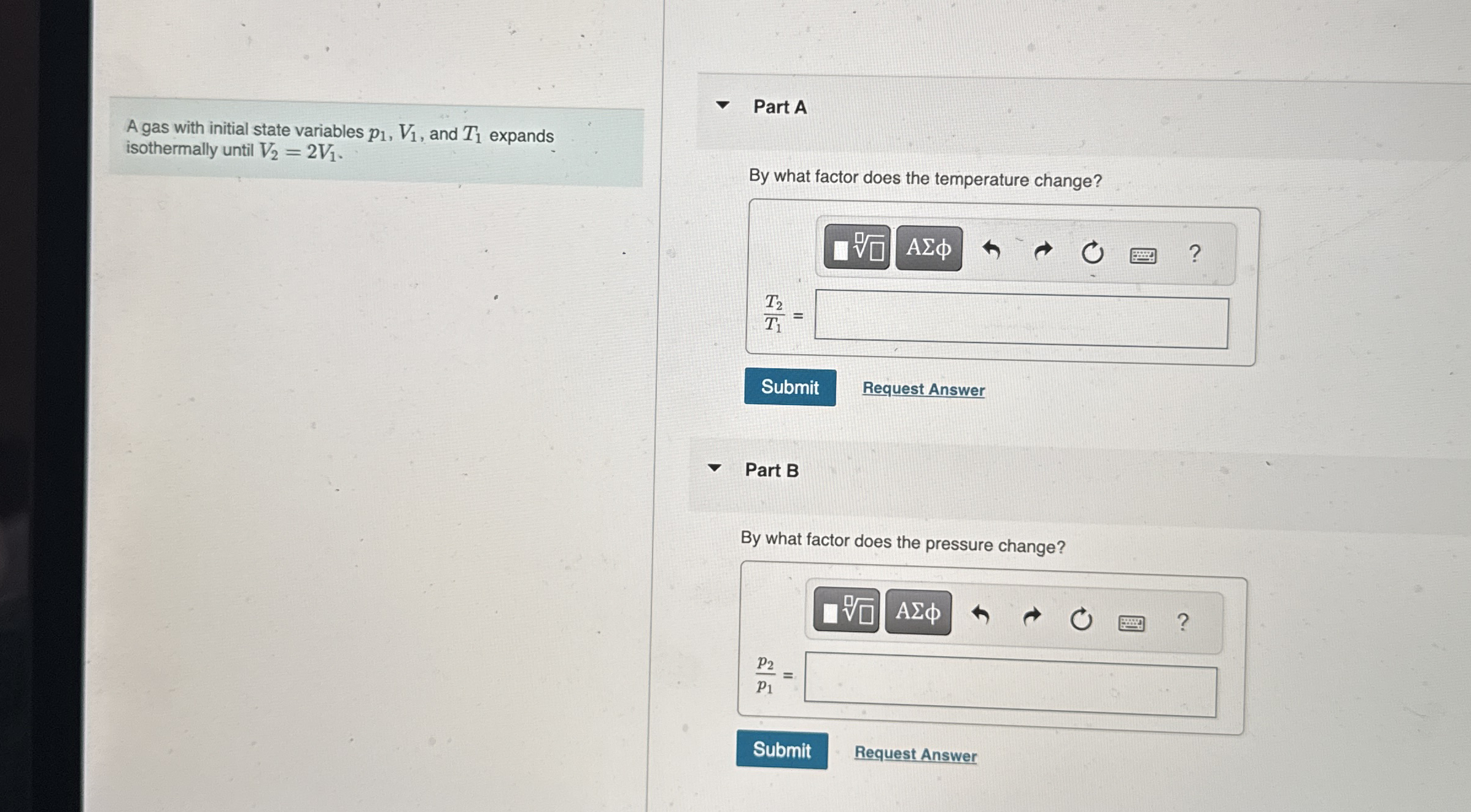 Solved A gas with initial state variables p1,V1, ﻿and T1 | Chegg.com