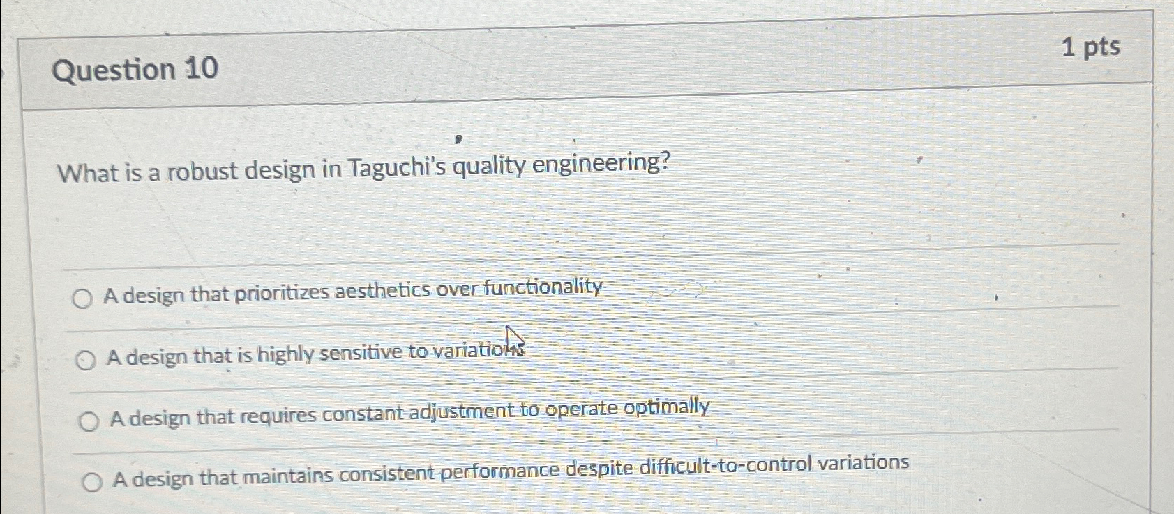 Solved Question 101ptsWhat is a robust design in Taguchi's | Chegg.com Solved Question 101ptsWhat is a robust design in Taguchi's | Chegg.com
