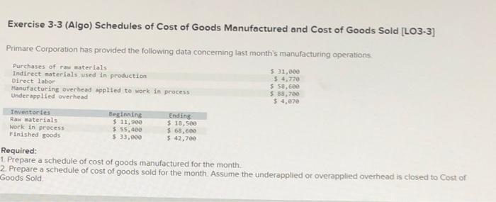 Solved Exercise 3-3 (Algo) Schedules of Cost of Goods | Chegg.com