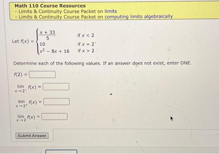 Solved Math 110 Course Resources - Limits & Continuity | Chegg.com
