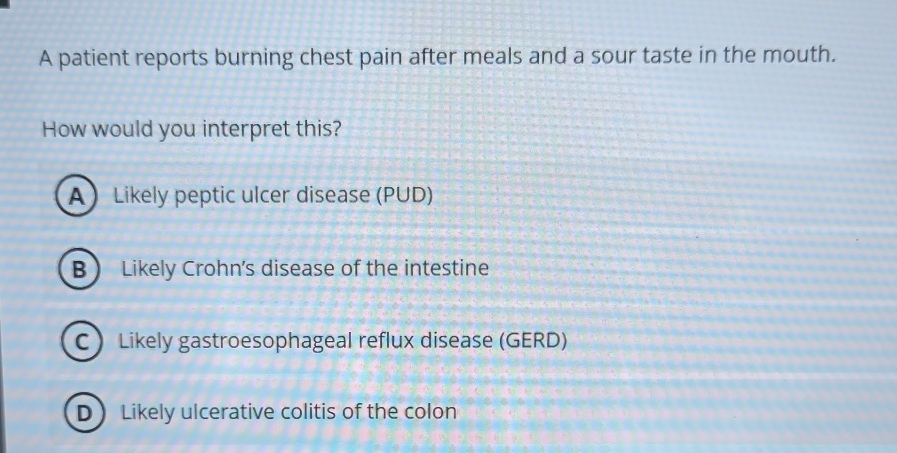 Solved A patient reports burning chest pain after meals and | Chegg.com