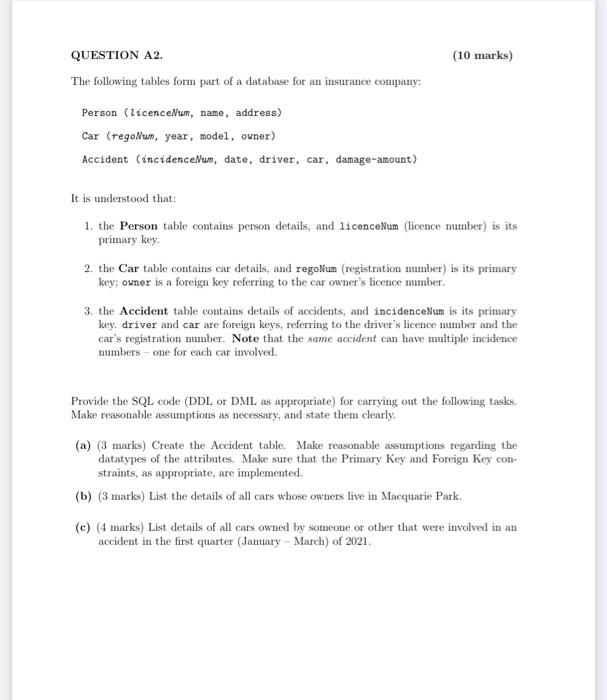 Solved (10 marks) QUESTION A2. The following tables form | Chegg.com