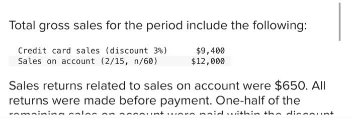 Solved Total gross sales for the period include the | Chegg.com
