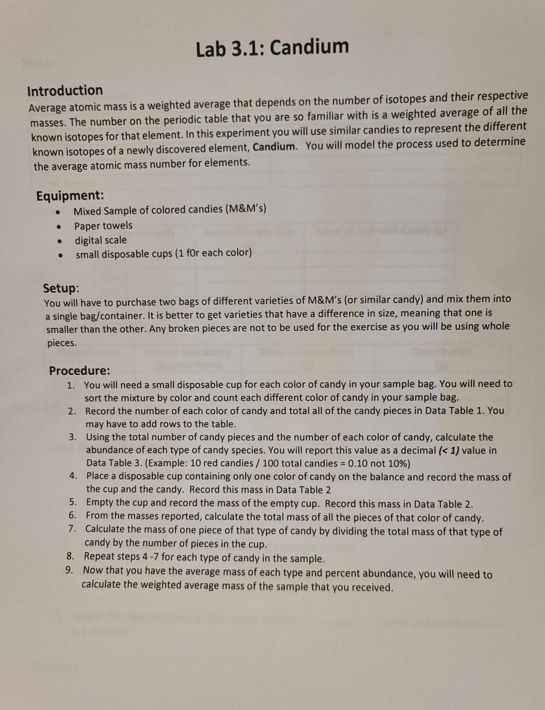 Lab 3.1: Candium Introduction Average atomic mass is | Chegg.com