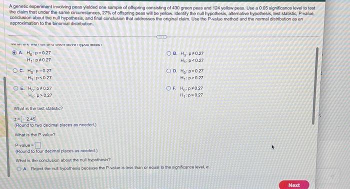 Solved A genetic experiment involving peas yielded one | Chegg.com