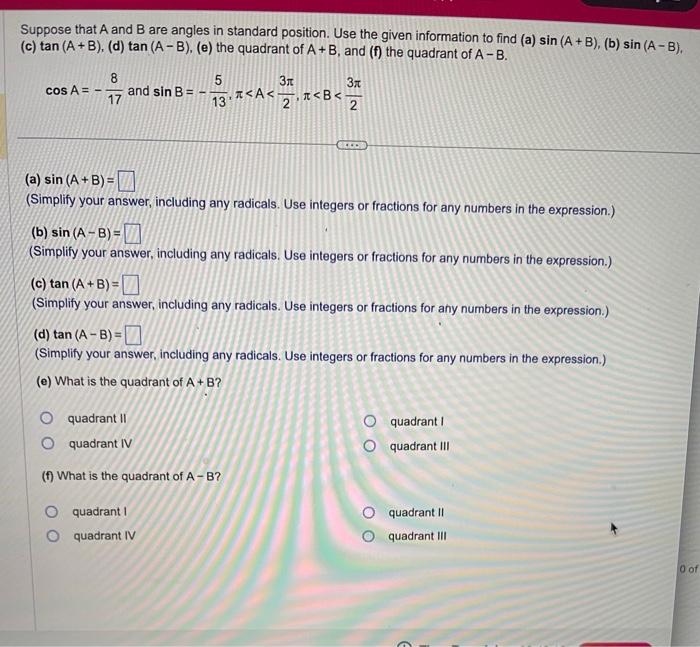 Solved Suppose that A and B are angles in standard position. | Chegg.com