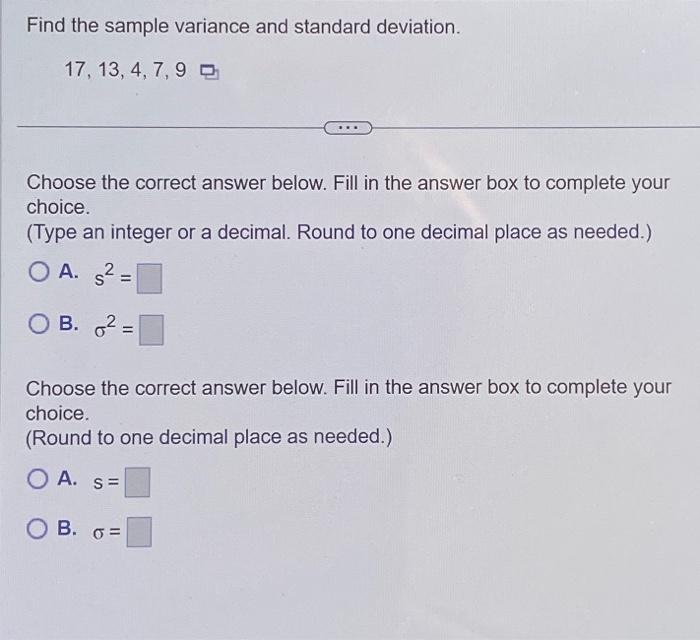 Solved Find the sample variance and standard deviation. | Chegg.com