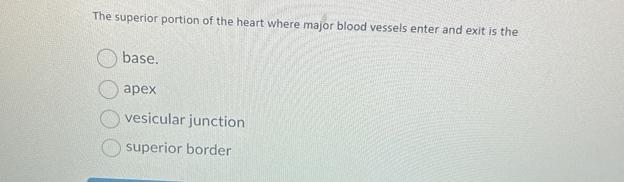 Solved The superior portion of the heart where major blood | Chegg.com