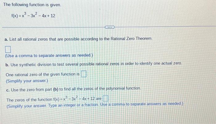 Solved The following function is given. f(x)=x3−3x2−4x+12 a. | Chegg.com