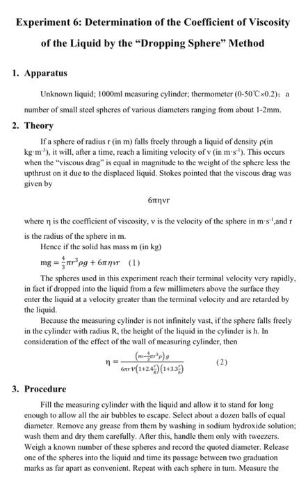 Solved Experiment 6: Determination of the Coefficient of | Chegg.com