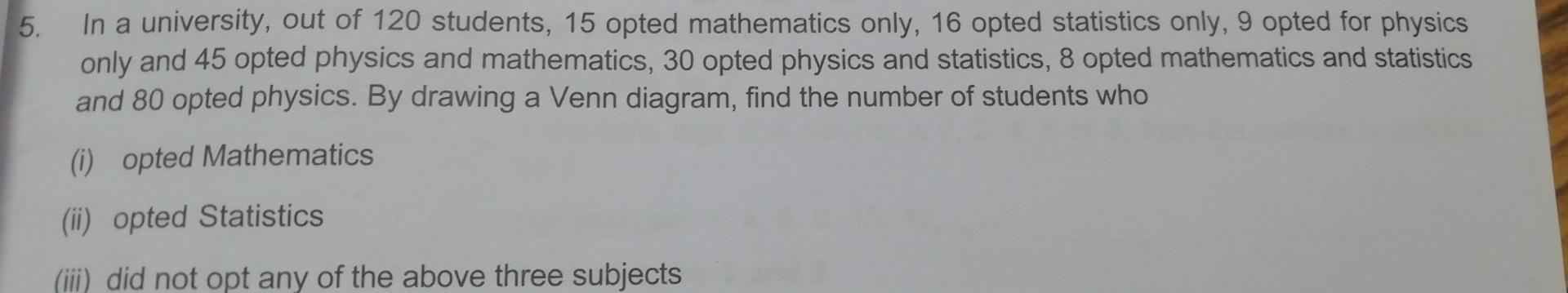 Solved 5. In a university, out of 120 students, 15 opted | Chegg.com
