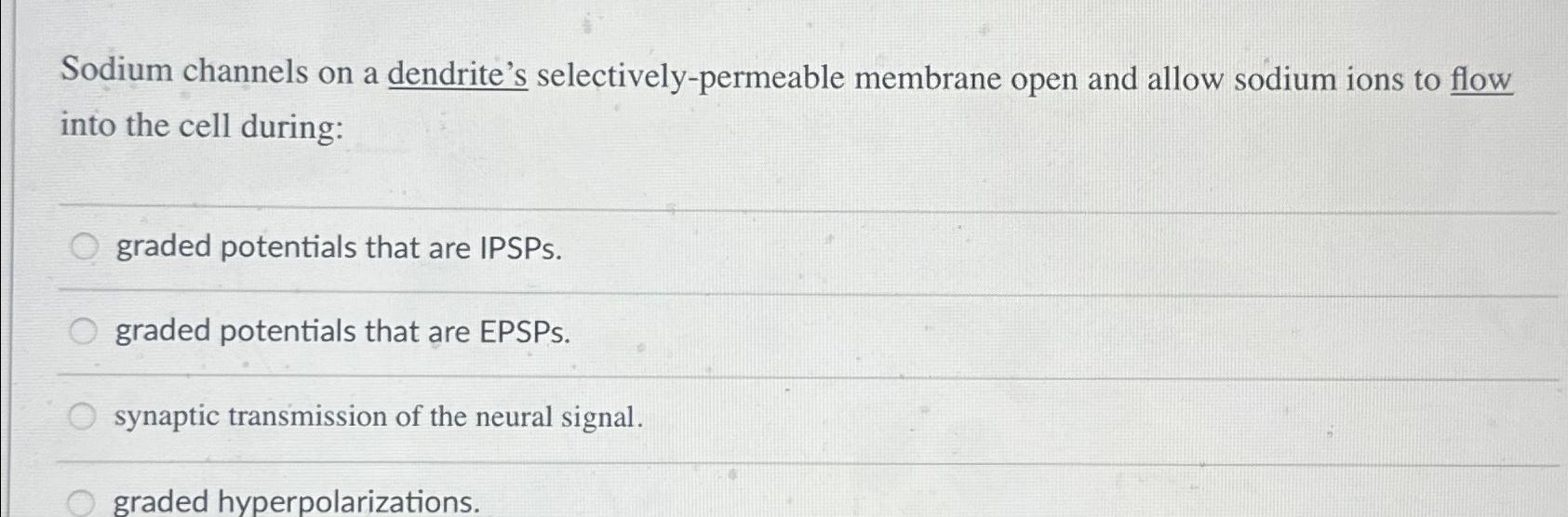 Solved Sodium channels on a dendrite's selectively-permeable | Chegg.com