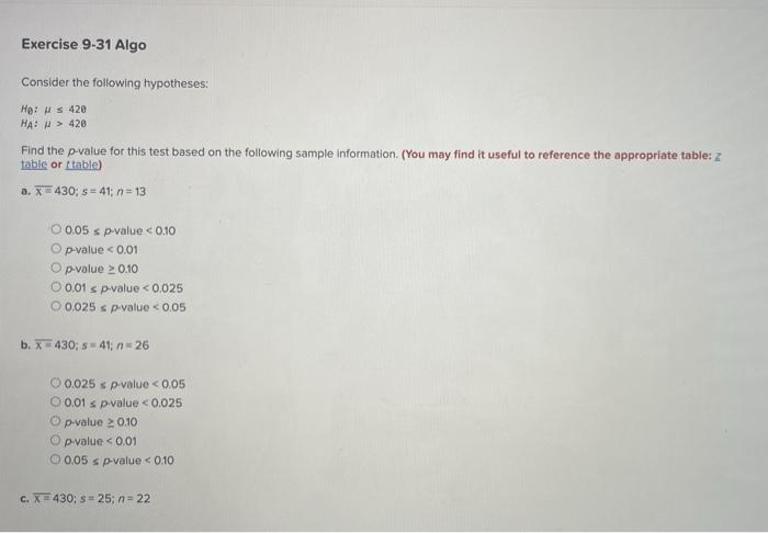 Solved Exercise 9-31 Algo Consider the following hypotheses: | Chegg.com