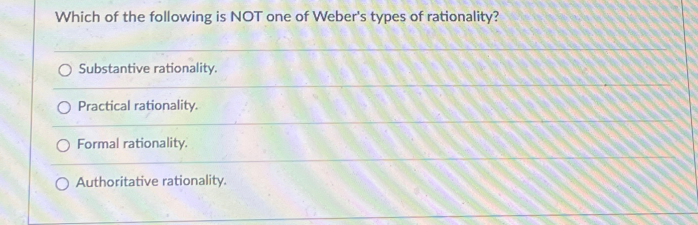 Solved Which of the following is NOT one of Weber's types of | Chegg.com