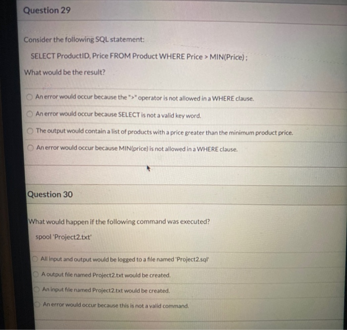 Solved Question 29 Consider the following SQL statement: | Chegg.com