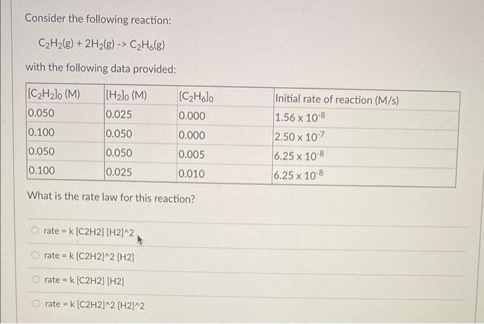 Solved Consider the following reaction: C2H2(g) + 2H2(g) -> | Chegg.com