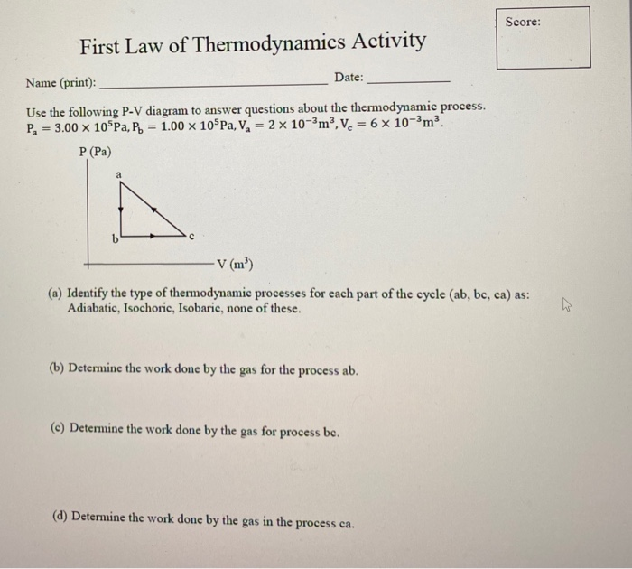 Solved Score: First Law of Thermodynamics Activity Name | Chegg.com