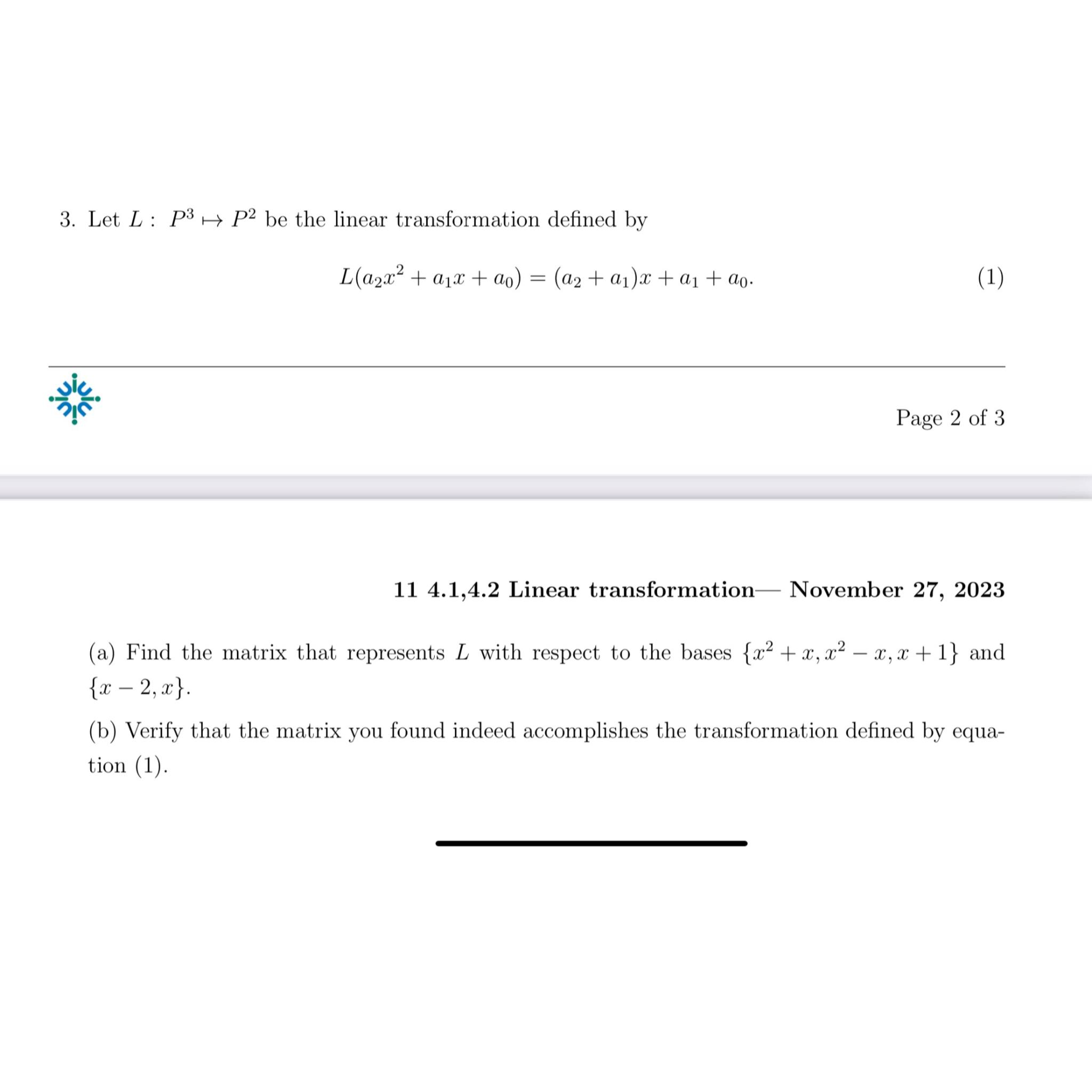 Let L:P3|→P2| ﻿be the linear transformation defined | Chegg.com