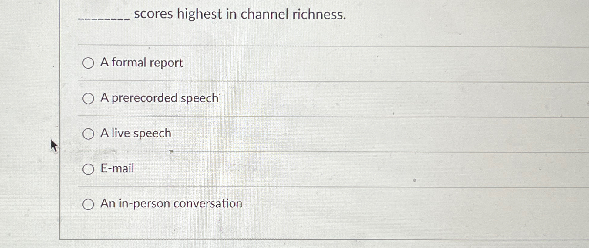 Solved scores highest in channel richness.A formal reportA | Chegg.com