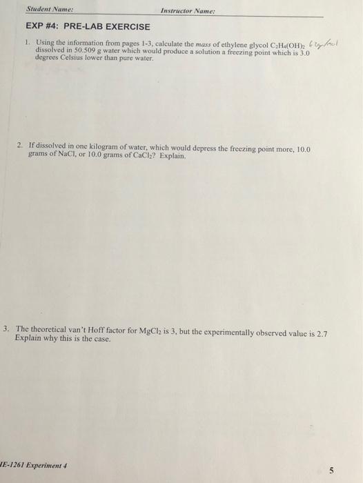 Solved Student Name: Instructor Name: EXP #4: PRE-LAB | Chegg.com