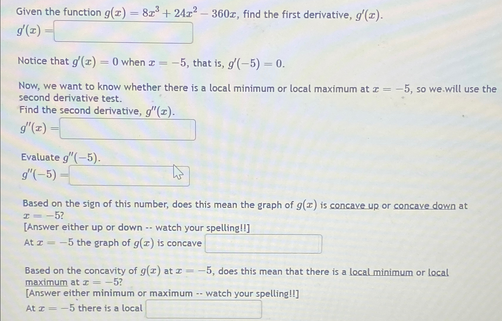 Solved Given the function g(x)=8x3+24x2-360x, ﻿find the | Chegg.com
