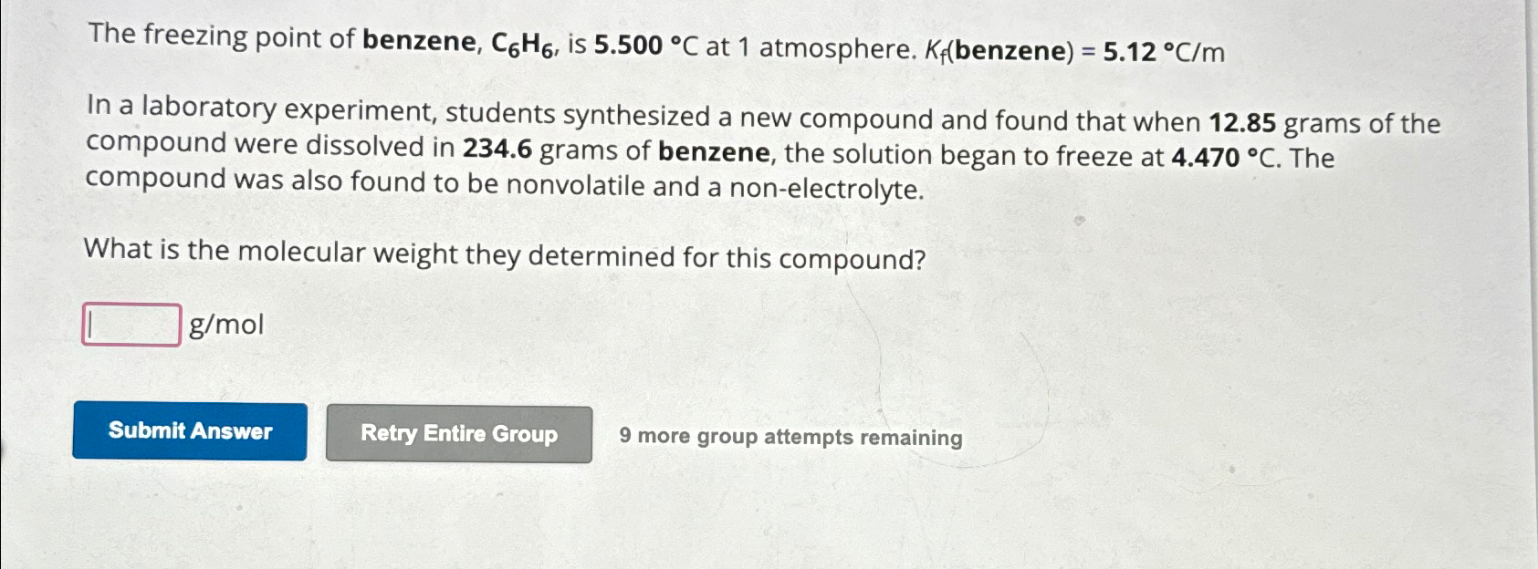 Solved The freezing point of benzene, C6H6, ﻿is 5.500°C ﻿at | Chegg.com